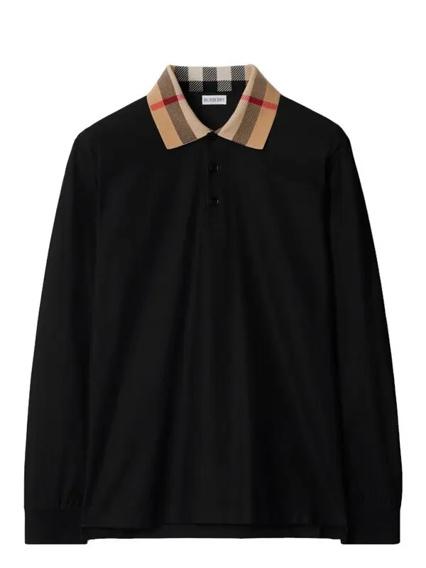 Burberry Long-sleeve Check Collar Cotton Polo Shirt - Black