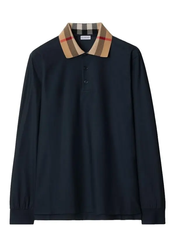 Burberry Long-sleeve Check Collar Cotton Polo Shirt - Smoked Navy