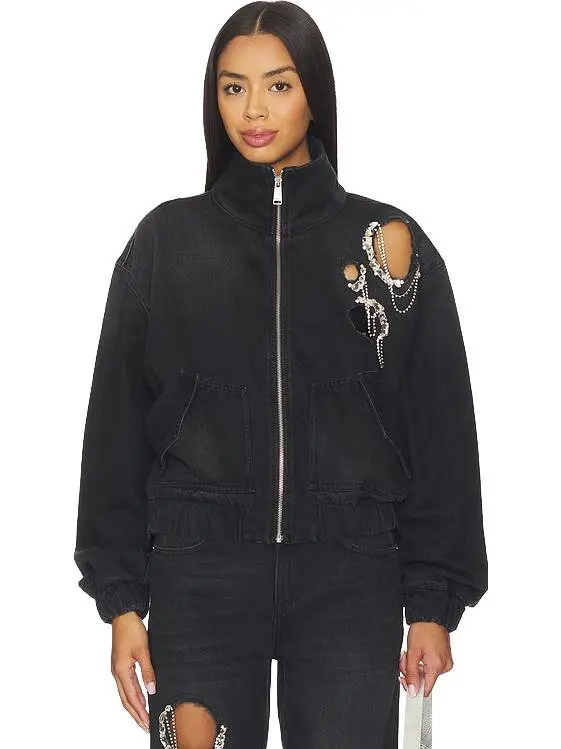 AREA Crystal Chain Cutout Bomber Jacket - Washed Black