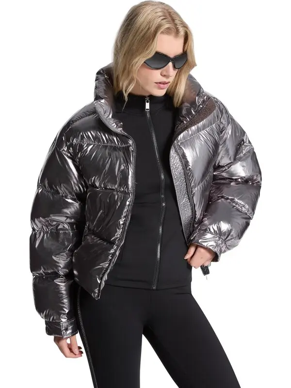 Michael Kors Metallic Nylon Ciré Puffer Jacket - Grey
