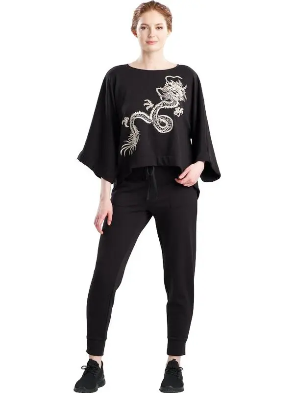 Natori Dragon Embroidered Kimono Top - Black