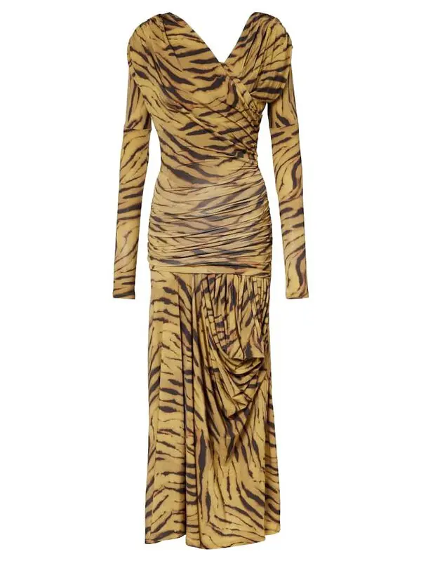 GANNI Asymmetric Draped Tiger-print Maxi Dress - Beige