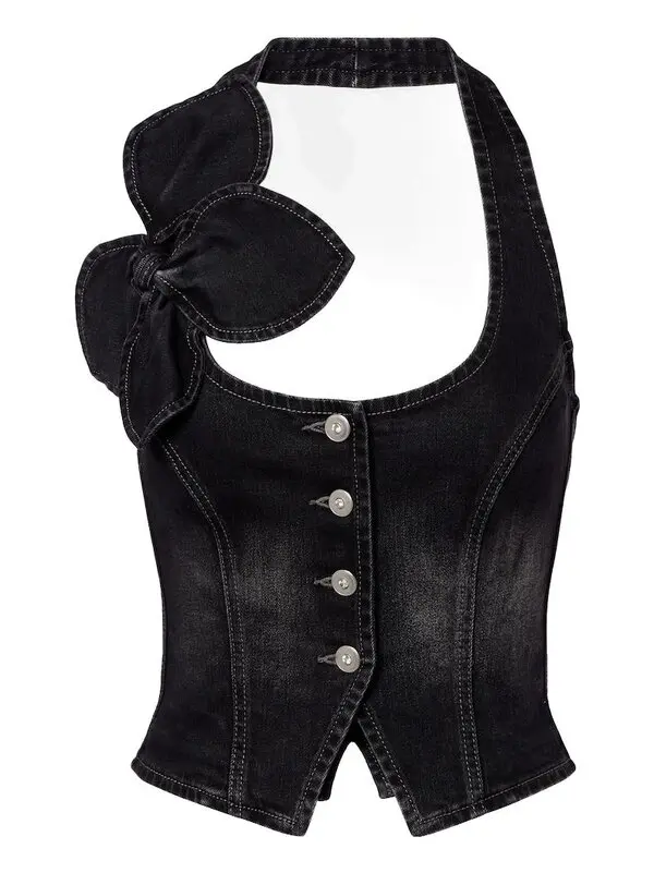 AREA Bow-detail Denim Top - Black
