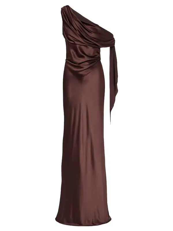 THE SEI Draped Asymmetrical Silk Satin Gown - Brown