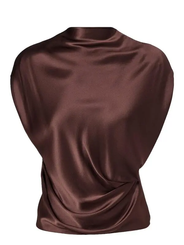 THE SEI Draped Silk Satin Top - Brown