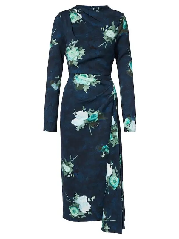 Erdem Floral Draped Cady Midi Dress - Blue