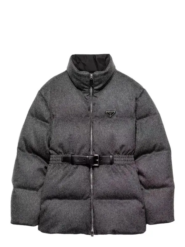 Prada Triangle-logo Belted Puffer Jacket - Grey
