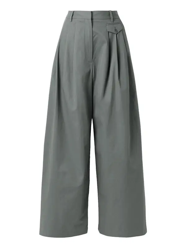 Tibi Pleated Cotton-twill Wide-leg Pants - Gray
