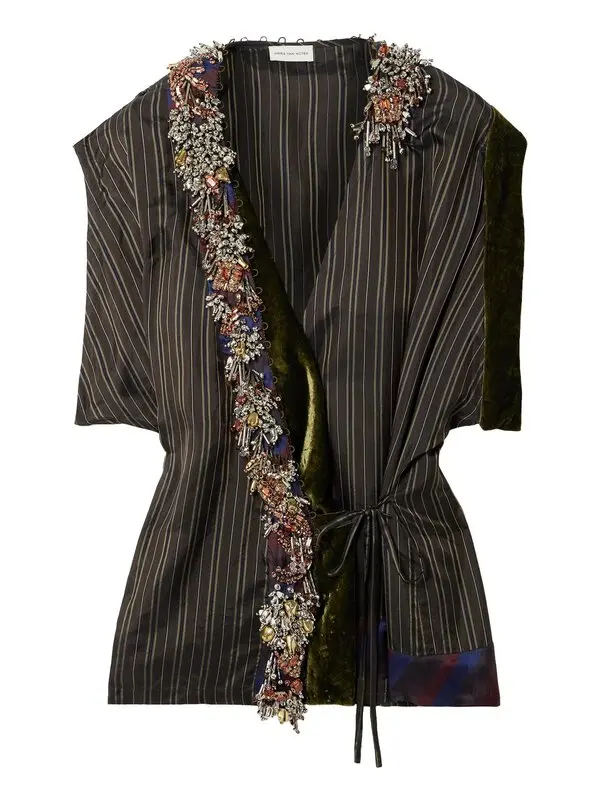 Dries Van Noten Velvet-trimmed Embellished Striped Satin Wrap Blouse - Brown