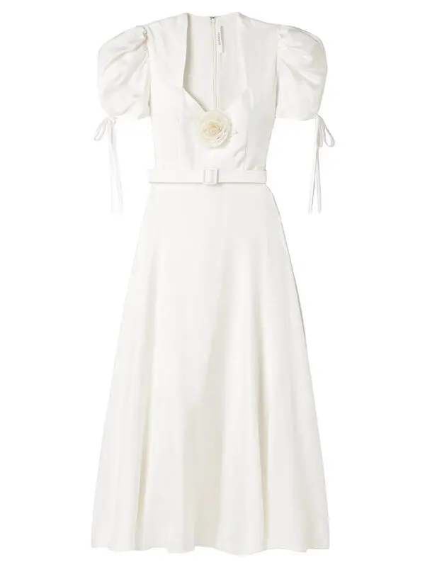 RODARTE Appliquéd Belted Silk-twill Midi Dress - White