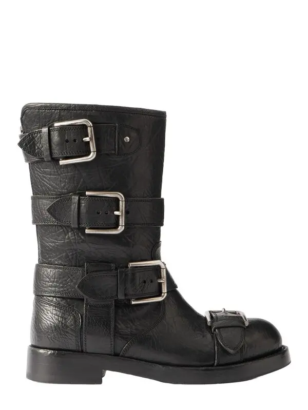 Dolce & Gabbana Bernini Buckled Crinkled-leather Boots - Black