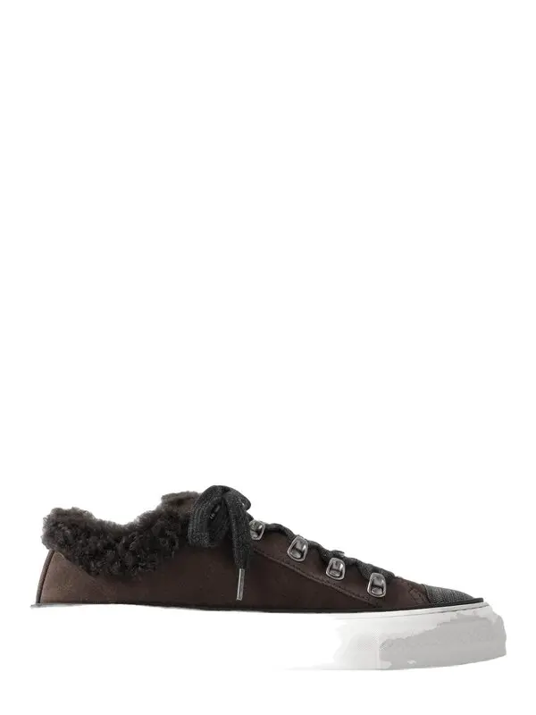 Brunello Cucinelli Bead-embellished Shearling-lined Suede Sneakers - Brown