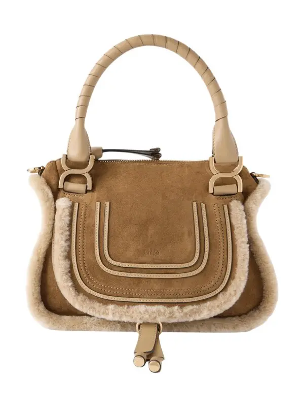 Chloé Marcie Small Leather And Shearling-trimmed Suede Shoulder Bag - Neutrals