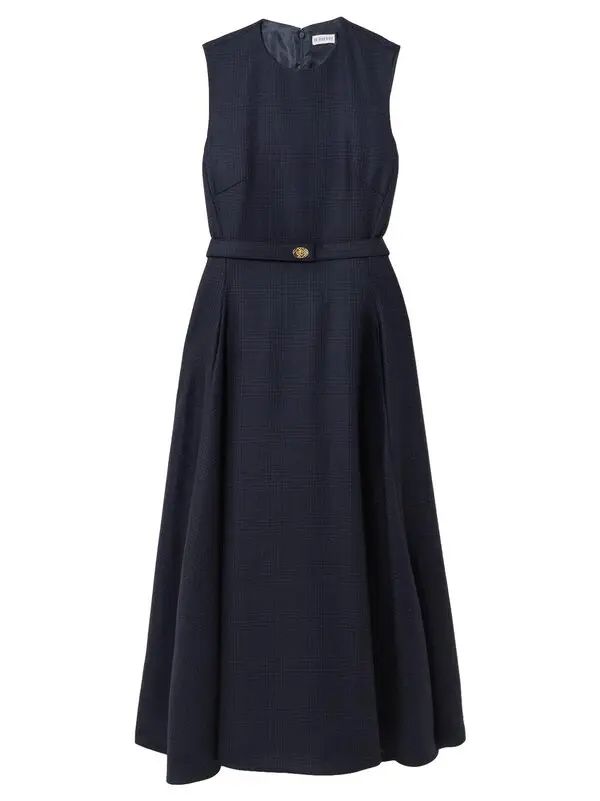 Burberry Belted Checked Wool-twill Midi Dress - Blue
