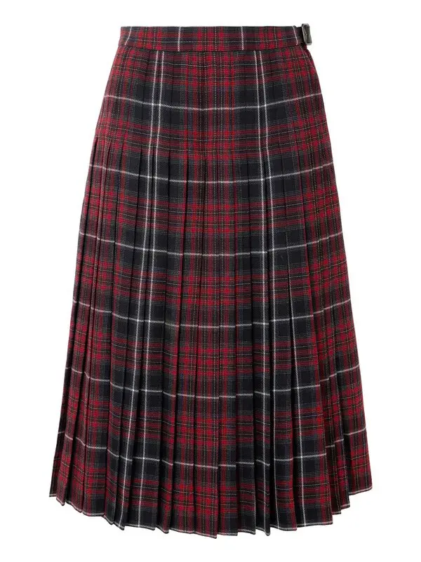 Burberry Buckled Pleated Checked Woven Midi Skirt - Red