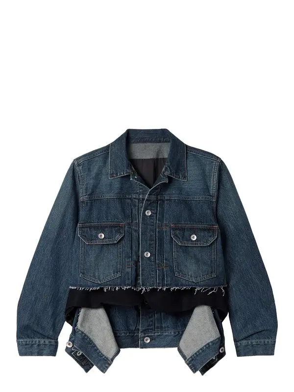 Sacai Layered Frayed Denim And Wool-felt Jacket - Blue