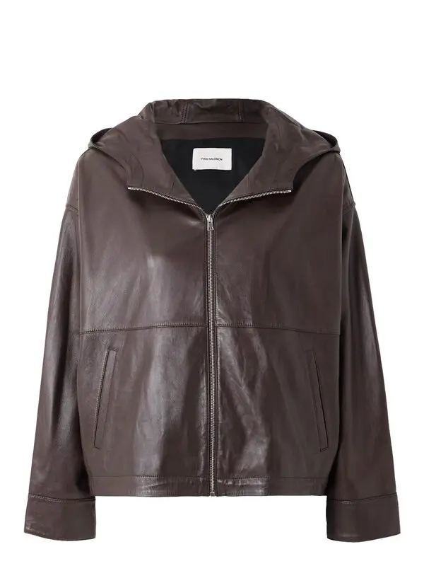 YVES SALOMON Leather Hooded Jacket - Brown
