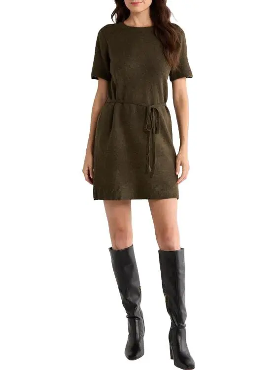 Halogen Short Sleeve Sweater Dress With Tie Waist - Deep Olive