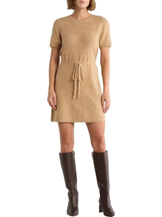 Halogen Short Sleeve Sweater Dress With Tie Waist - Latte Heather