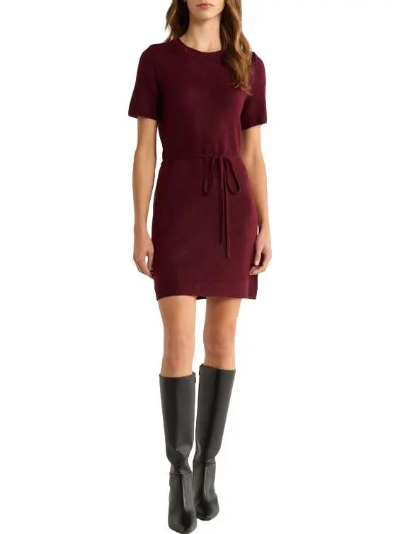Halogen Short Sleeve Sweater Dress With Tie Waist - Wine