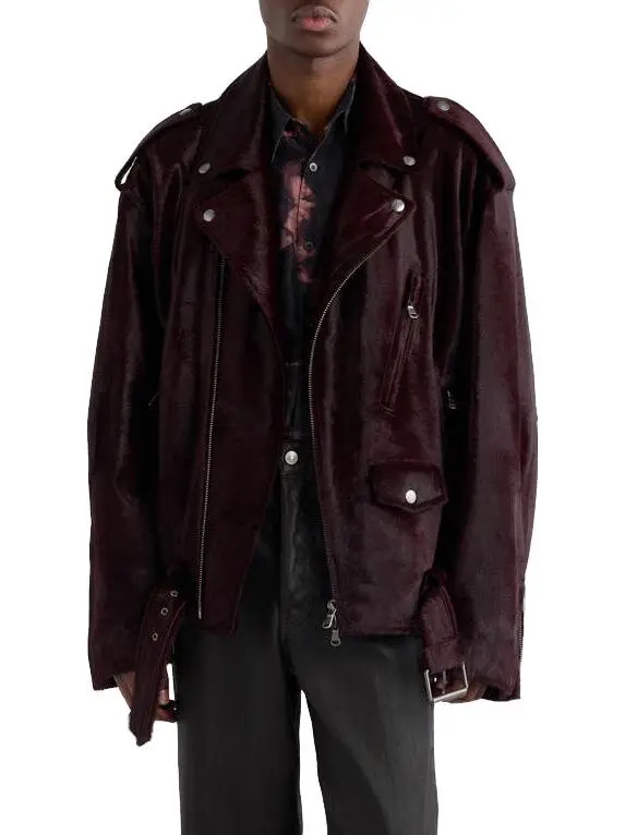 Dries Van Noten Genuine Calf Hair Biker Jacket - Burgundy