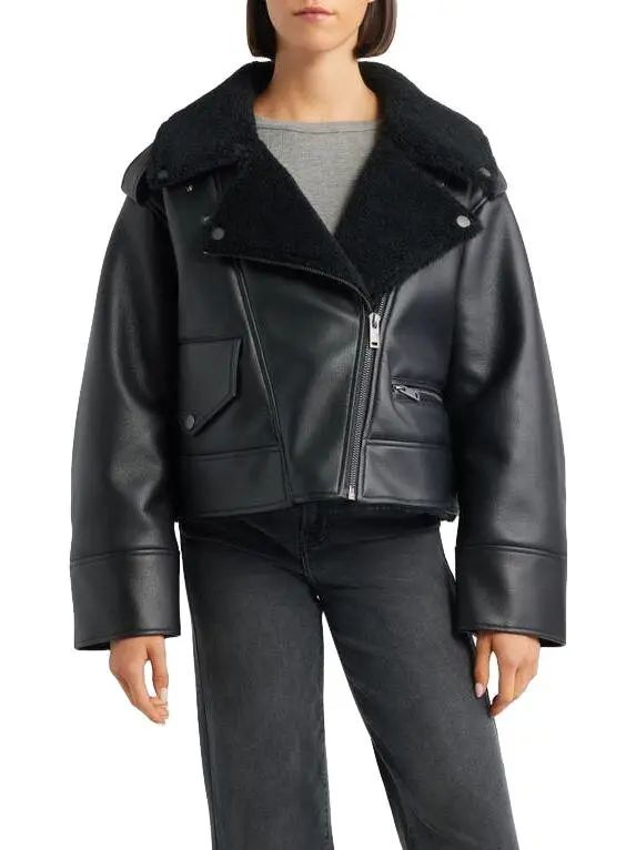 UGG Finnian Oversize Faux Leather & Luxefluff Moto Jacket - Black