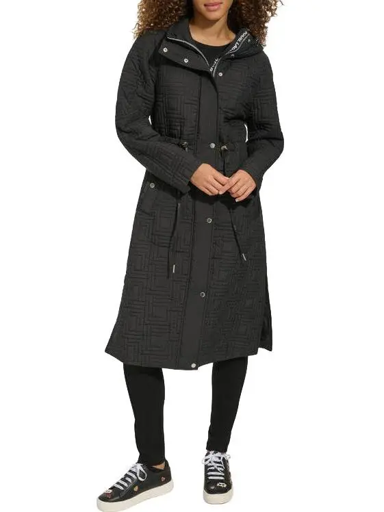 Karl Lagerfeld Paris Hooded Quilted Long Jacket - Black