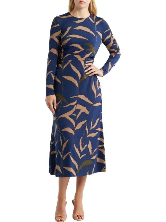 Julia Jordan Abstract Print Long Sleeve Midi Dress - Navy Multi