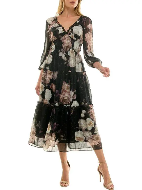 SOCIALITE Floral Balloon Sleeve Tiered Midi Dress - Black Mve Grey