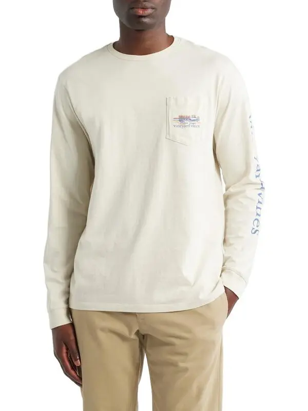 Vineyard Vines Dockside Autumn Wakes Long Sleeve Pocket Graphic T-shirt - Stone