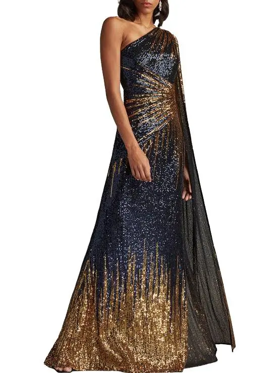 Tadashi Shoji One-shoulder Sequin Gown - Navy Ombre