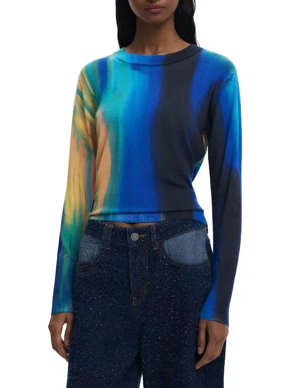 Desigual Abstract Print Fine Gauge Crewneck Sweater - Blue
