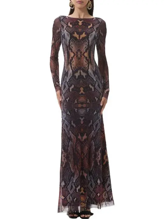 AFRM Talmo Long Sleeve Maxi Dress - Placed Umber Snake