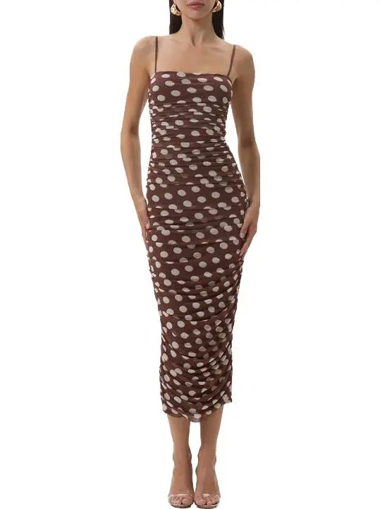 AFRM Hazel Ruched Mesh Midi Dress - Chocolate Halo Dot