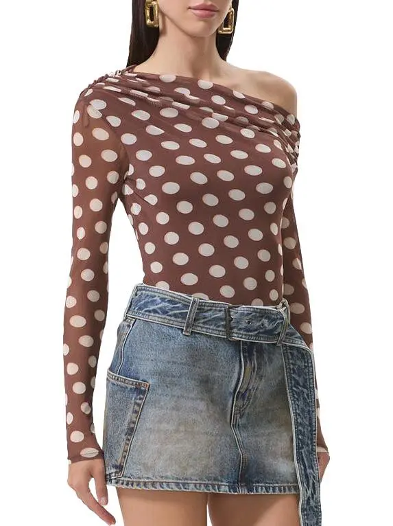 AFRM One-shoulder Printed Mesh Top - Chocolate Halo Dot