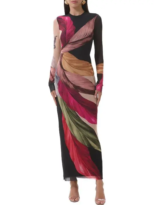 AFRM Didi Printed Mesh Maxi Dress - Feather Fan