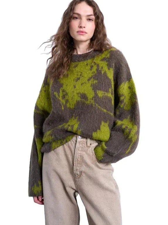Topshop Blurred Floral Fuzzy Sweater - Medium Green