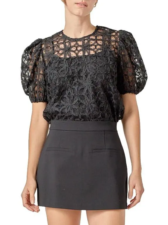 English Factory Floral Texture Puff Sleeve Top - Black