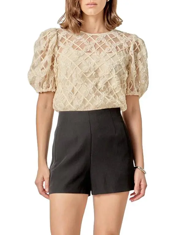 English Factory Floral Texture Puff Sleeve Top - Ivory