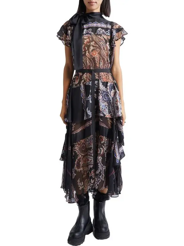 Sacai Paisley Tiered Dress With Tie Neck - Black