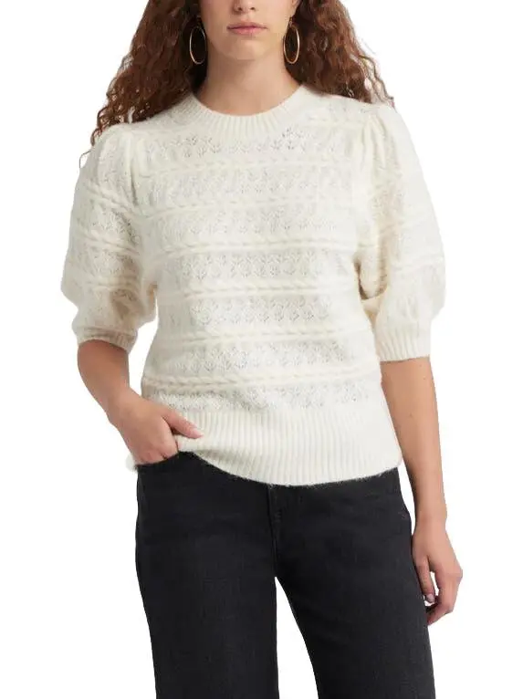 Treasure & Bond Puff Sleeve Cable Knit Pullover - Ivory Dove