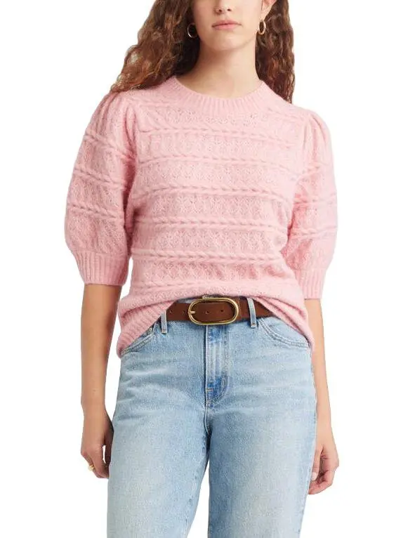 Treasure & Bond Puff Sleeve Cable Knit Pullover - Pink Beauty