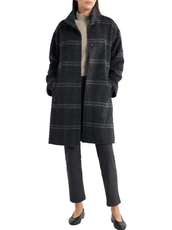 Eileen Fisher Plaid Alpaca & Wool Blend Coat - Charcoal