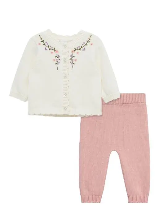LITTLE ME Floral Vine Cardigan And Knit Pants Set - Ivory/pink