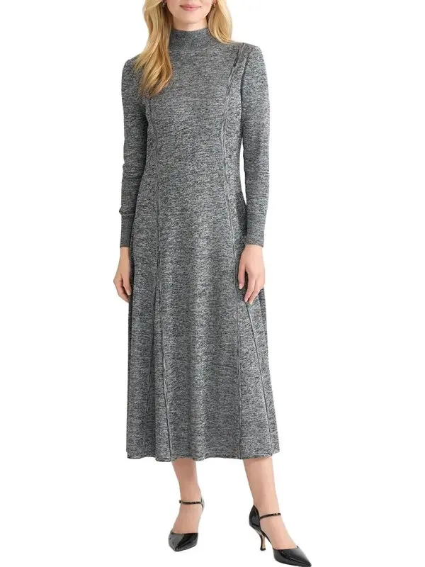 Misook Mélange Long Sleeve A-line Knit Maxi Dress - Black/new Ivory