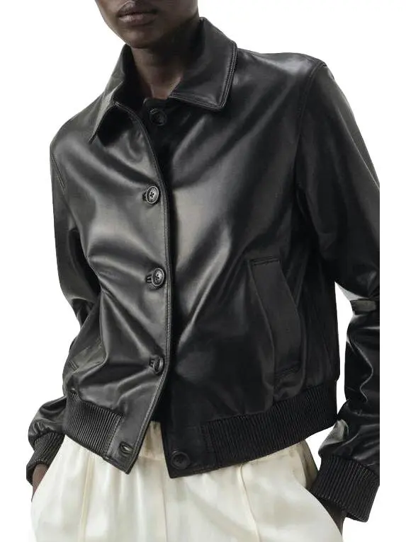 Mango Leather Bomber Jacket - Black