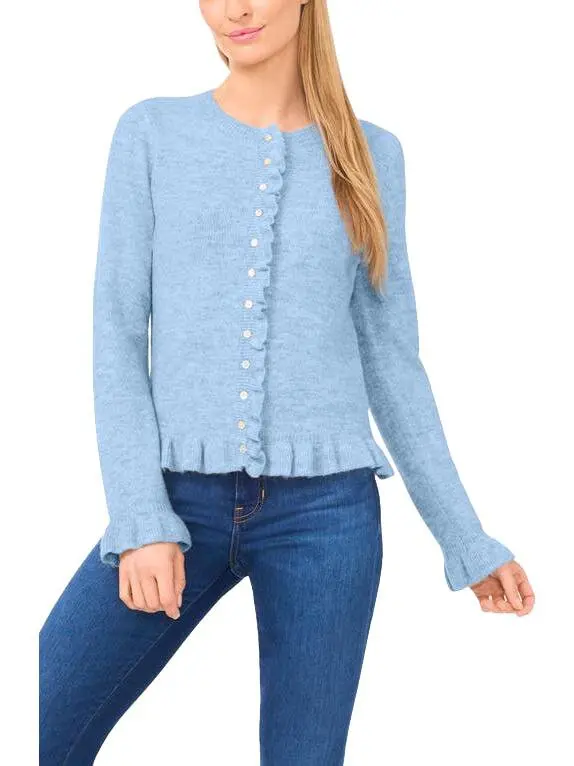 CECE DUPRAZ Ruffle Trim Ribbed Cardigan - Blue Heather