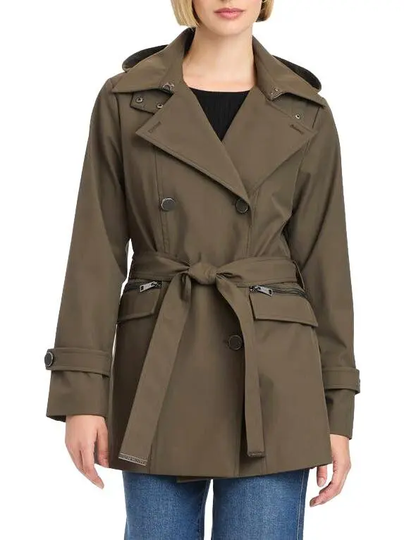 Vince Camuto Double-breasted Hooded Trench Coat - Forest Night