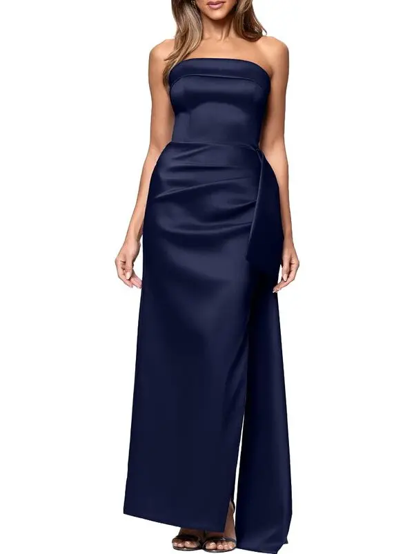 XSCAPE EVENINGS Strapless Mikado Column Gown With Ruffle - Navy