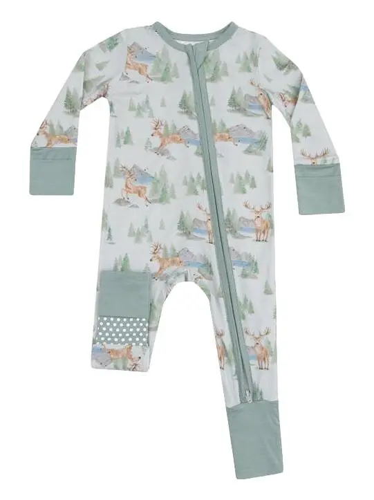 ANGEL DEAR Deer Print Two-way Zip Convertible Romper - Light Green/dark Green